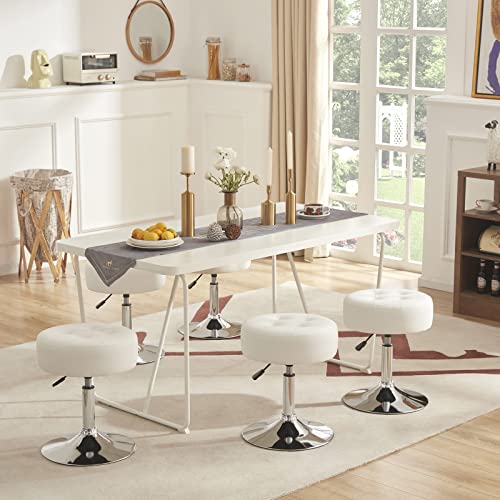 Gitrah White Vanity Chair for Makeup Room Round Ottoman Tufted PU Leather Makeup Chair Vanity Stools for Bathroom Height Adjustable 360 Swivel