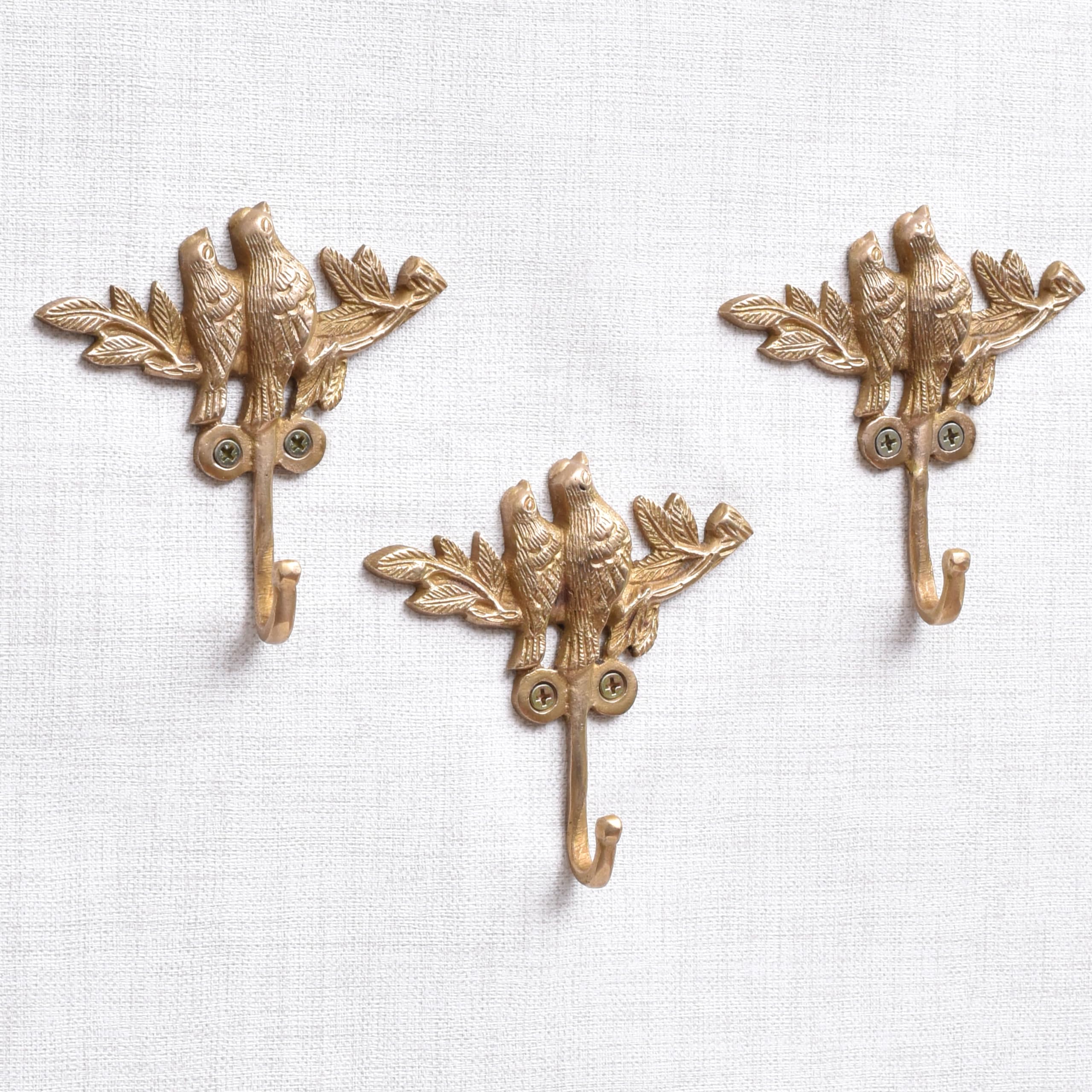 Indian Shelf 3 Piece Vintage Kids Bird Wall Hooks for Hanging Coats, Bags, Backpack, Purse, Hat Coats Gold Decorative Hooks Brass Key Holder