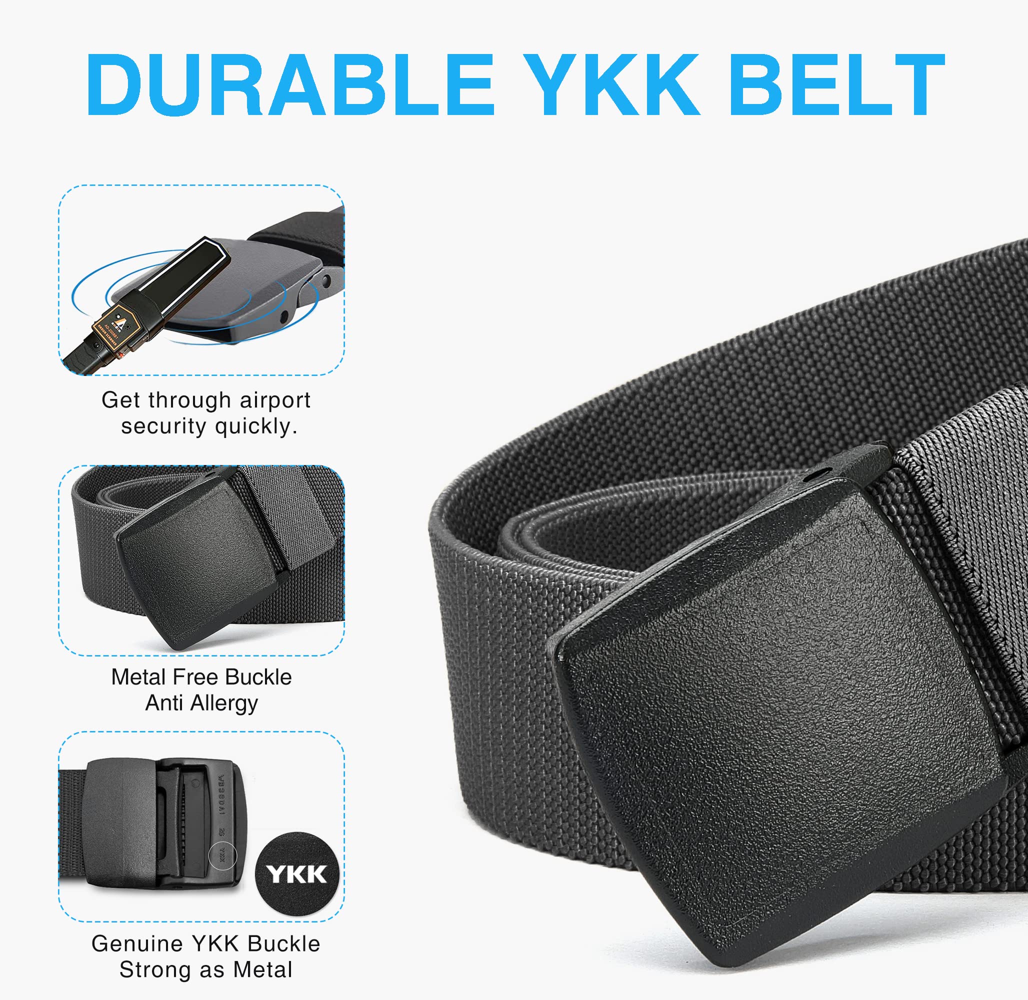 CHAOREN Stretch Elastic Belts for Men, 1.5" Nylon Military Web Belt with Plastic Buckle, TSA Approved Belts Metal Free