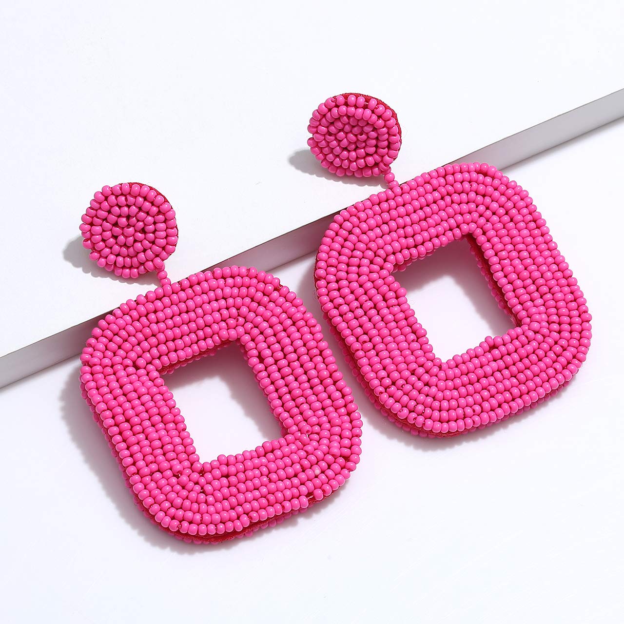 Boderier Beaded Drop Hot Pink Earrings Bohemian Wire Wrapped Beaded Square Hoop Dangle Statement Earrings (Hot Pink)