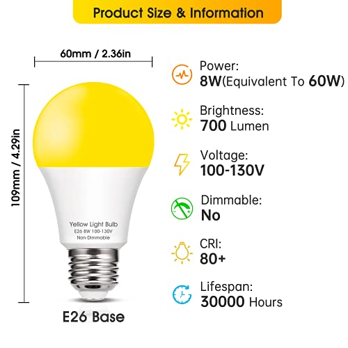 Flaspar Yellow Light Bulbs, 60W Equivalent Bug Light Bulb, E26 Base, A19 Yellow LED Bulb, No Blue Light, Decorative Lamps for Home, Hallway, Halloween, Christmas, Party, Holiday, 2 Pack
