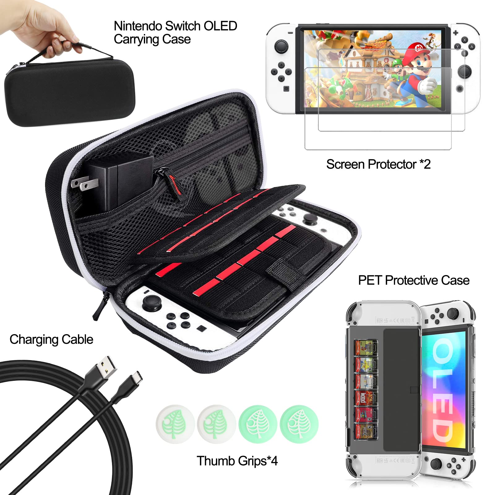 Carrying Case for Nintendo Switch OLED Model 9 in 1 Switch OLED PET Protective Case ,2Pcs Glass Screen Protector, Travel Case,USB Cable,4Pcs Thumb Grips Caps- [Ideal Gift All in One Bundle] Black