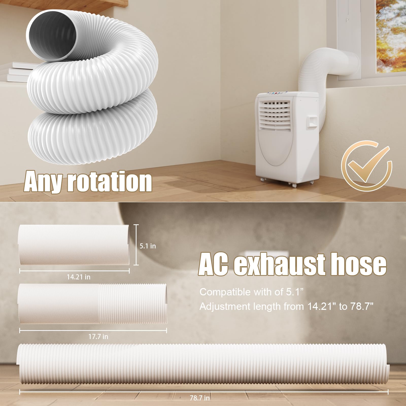E-SDS Portable Air Conditioner Window Kit with 5.1” Exhaust Hose for Sliding Window, Seamless Portable AC Window Seal Panel Kit Adjustable Length Hose up to 78"