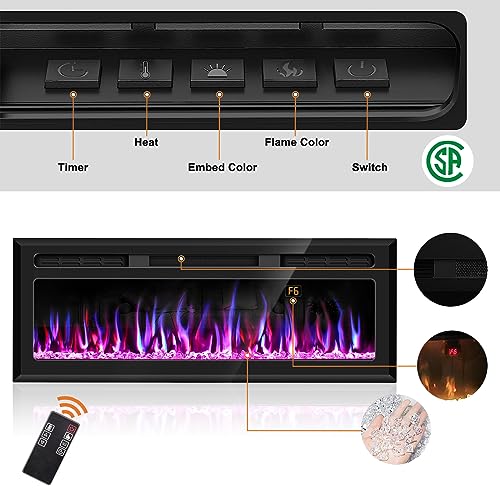 Hocookeper 60 inch Electric Fireplace, Wall Mounted and Recessed Fireplace Linear Fireplace Insert with Remote Control, Adjustable Flame Colors, Timer,750w/1500w, Black