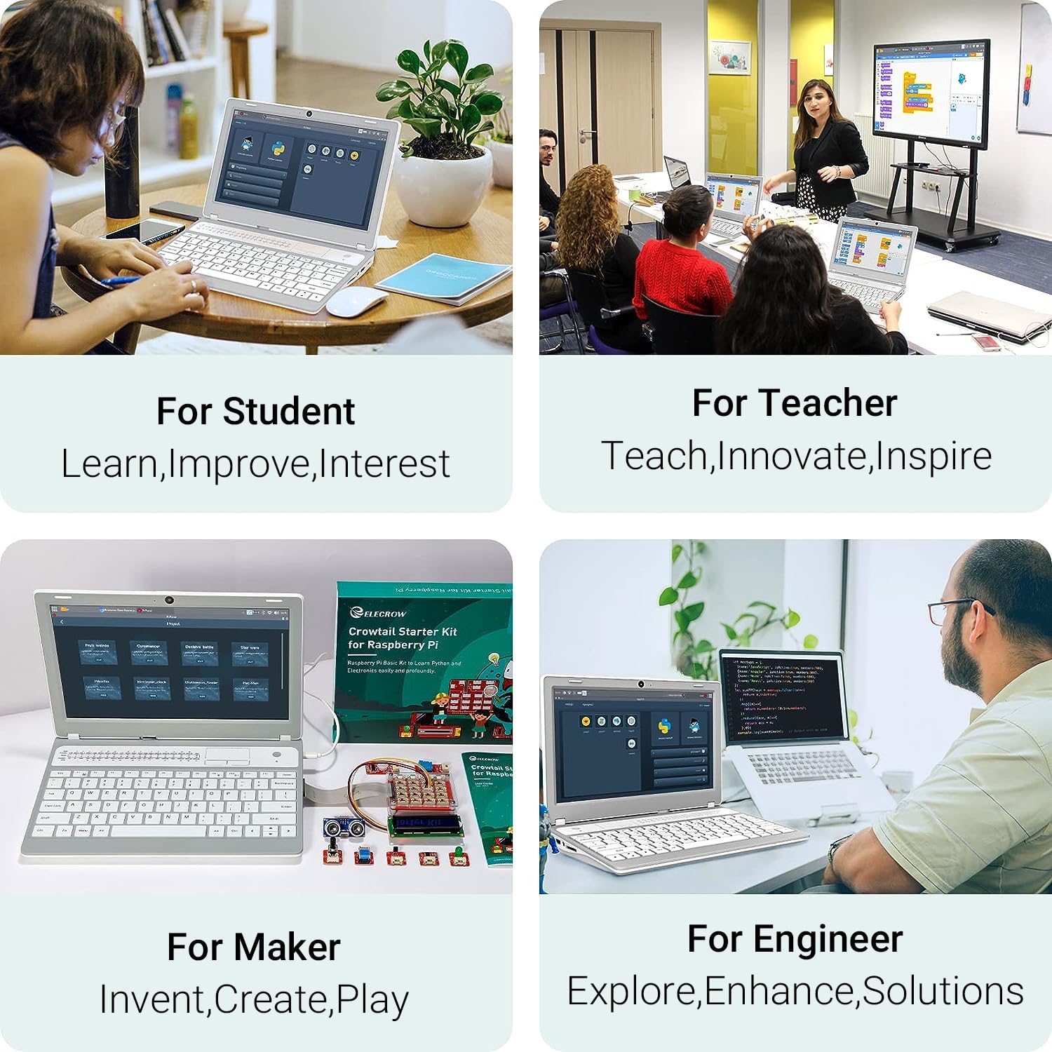 CrowPi-L for Raspberry Pi Kit, Programming Learning Laptop, Single Board Computer, Python and Graphical Coding Learning, Electronics STEM for Starter (RPI not Included)
