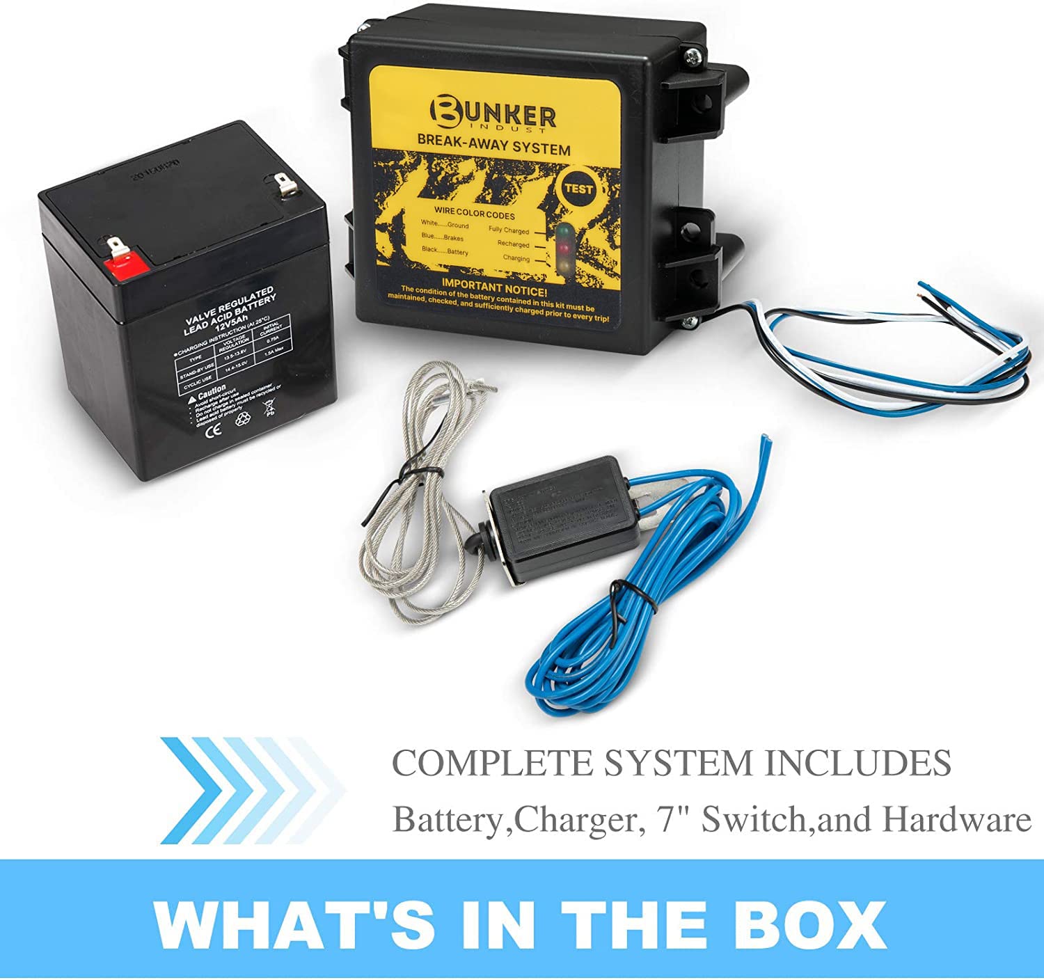 BUNKER INDUST Trailer Brakes Breakaway Kit with Charger, LED Indicator, Switch, 12V 5AH Battery for Trailer Caravan