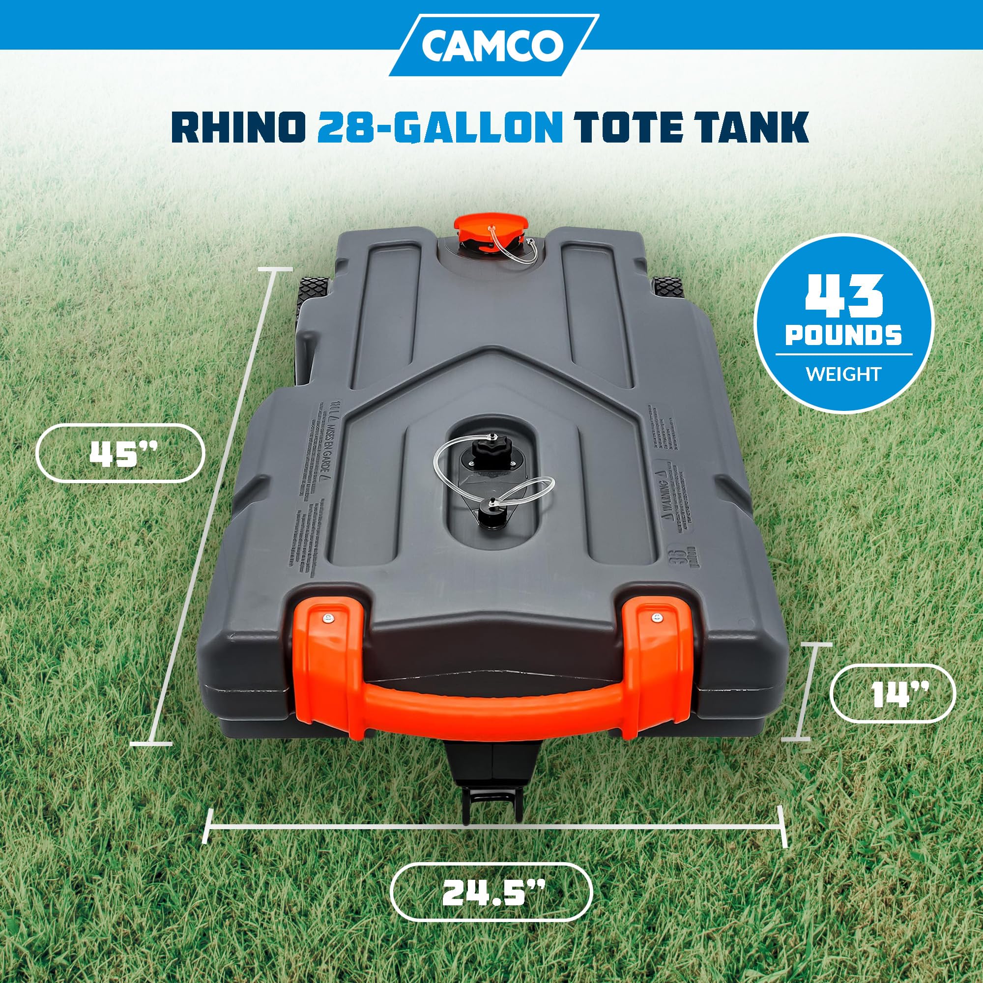 Camco Rhino 28-Gallon Portable Camper / RV Tote Tank - Features Large Heavy-Duty No-Flat Wheels & Built-In Gate Valve - Removable Steel Tow Adapter, 3β RV Sewer Hose & More RV Accessories (39004)