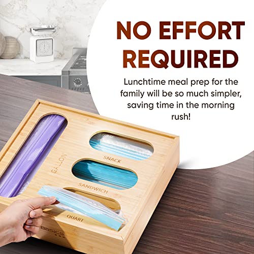 HidzBasics Ziplock Bag Organizer โ Bamboo Ziplock Bag Storage Organizer for Gallon, Quart, Sandwich, and Snack Size Food Bags โ Baggie Organizer for Kitchen Drawer and Pantry โ Wooden Slider Lid