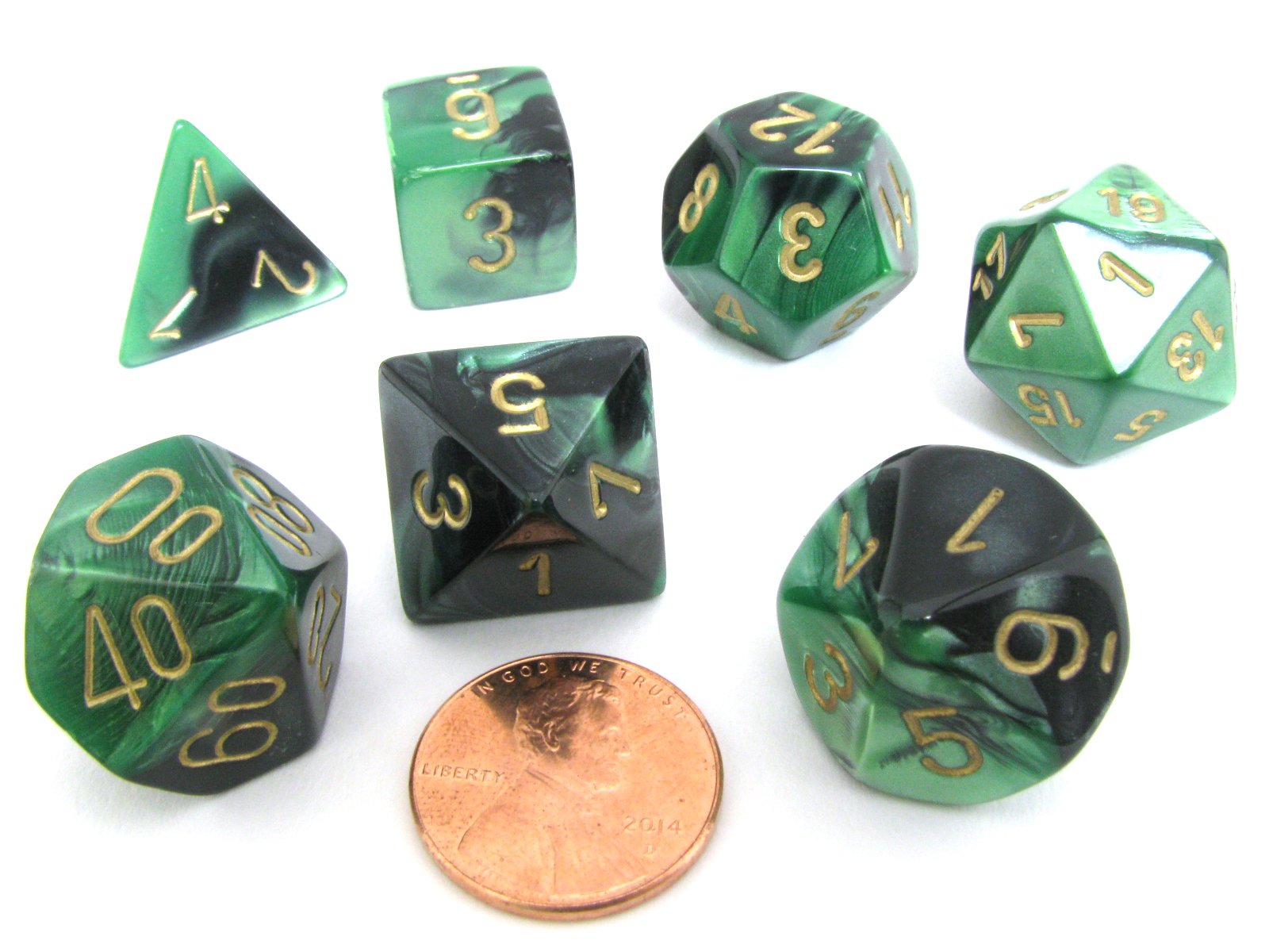 Polyhedral 7-Die Gemini Chessex Dice Set - Black-Green w/ Gold CHX-26439