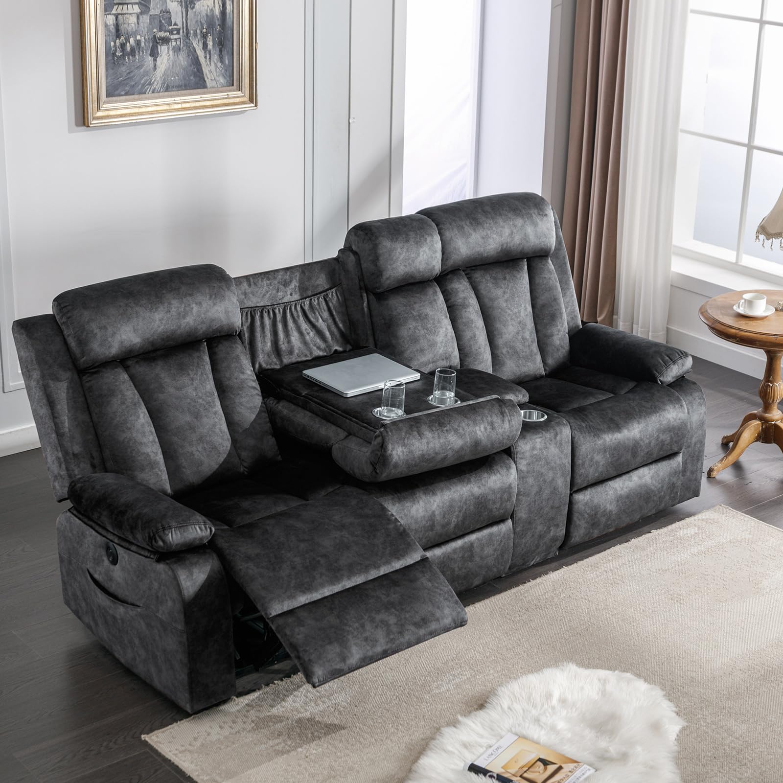 GUEAPY 3 Seater Recliner Sofa Reclining Loveseat with Console Power Reclining Sofa with Heat and Massage, Cup Holders, USB & Type-C Charge Ports for Living Room (Grey)