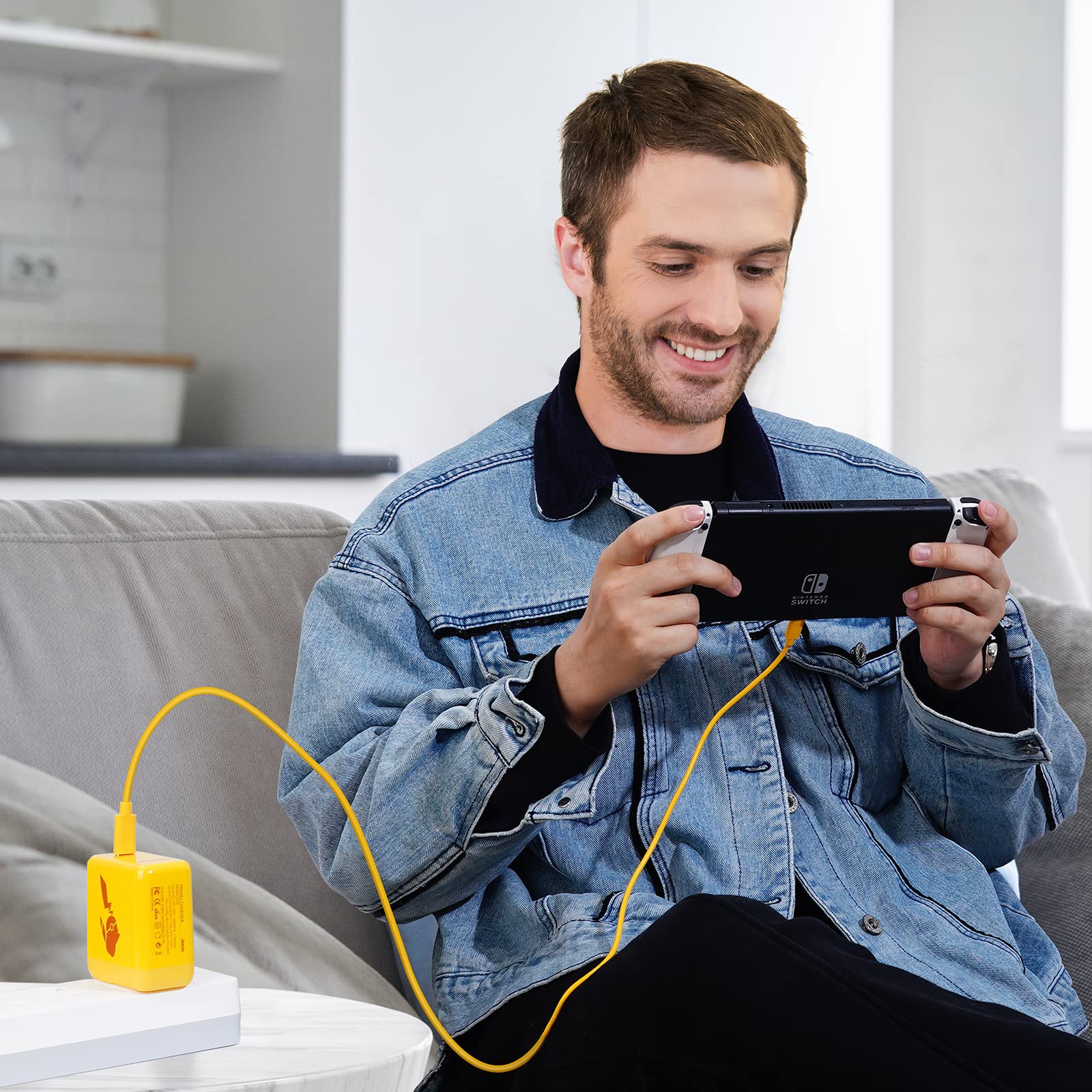 Charger Compatible with Nintendo Switch or OLED Model, Samsung S10, Fast Travel Charger with 1M Type C Cable, 45W AC Adapter, Supports Nintendo Switch Dock Station and TV Mode, Yellow