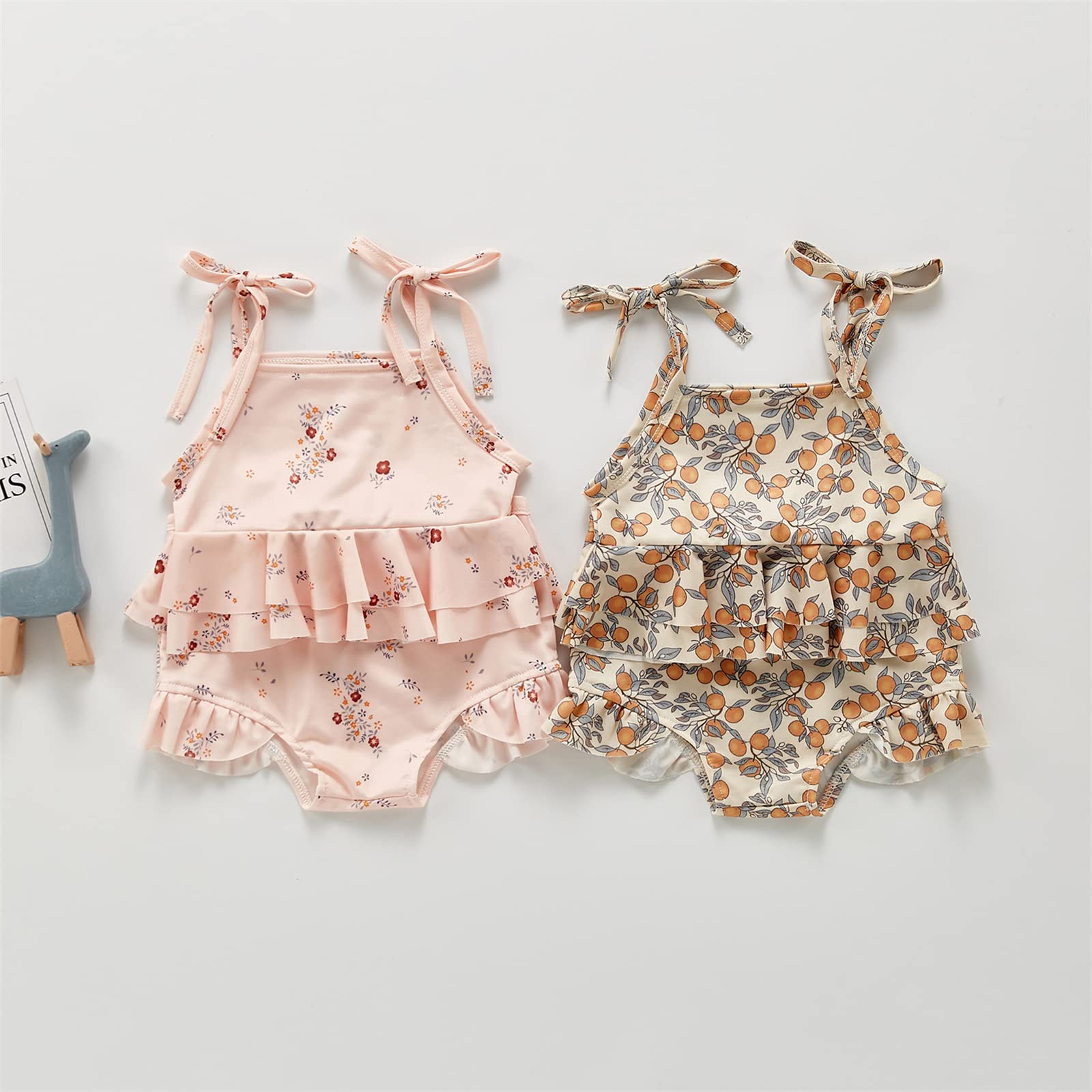 Infant Baby Girl Swimsuit One Piece Strap Ruffle Floral Bikini Swimwear Bathing Suit Summer Beach Wear (Orange Lemon, 3-6 Months)