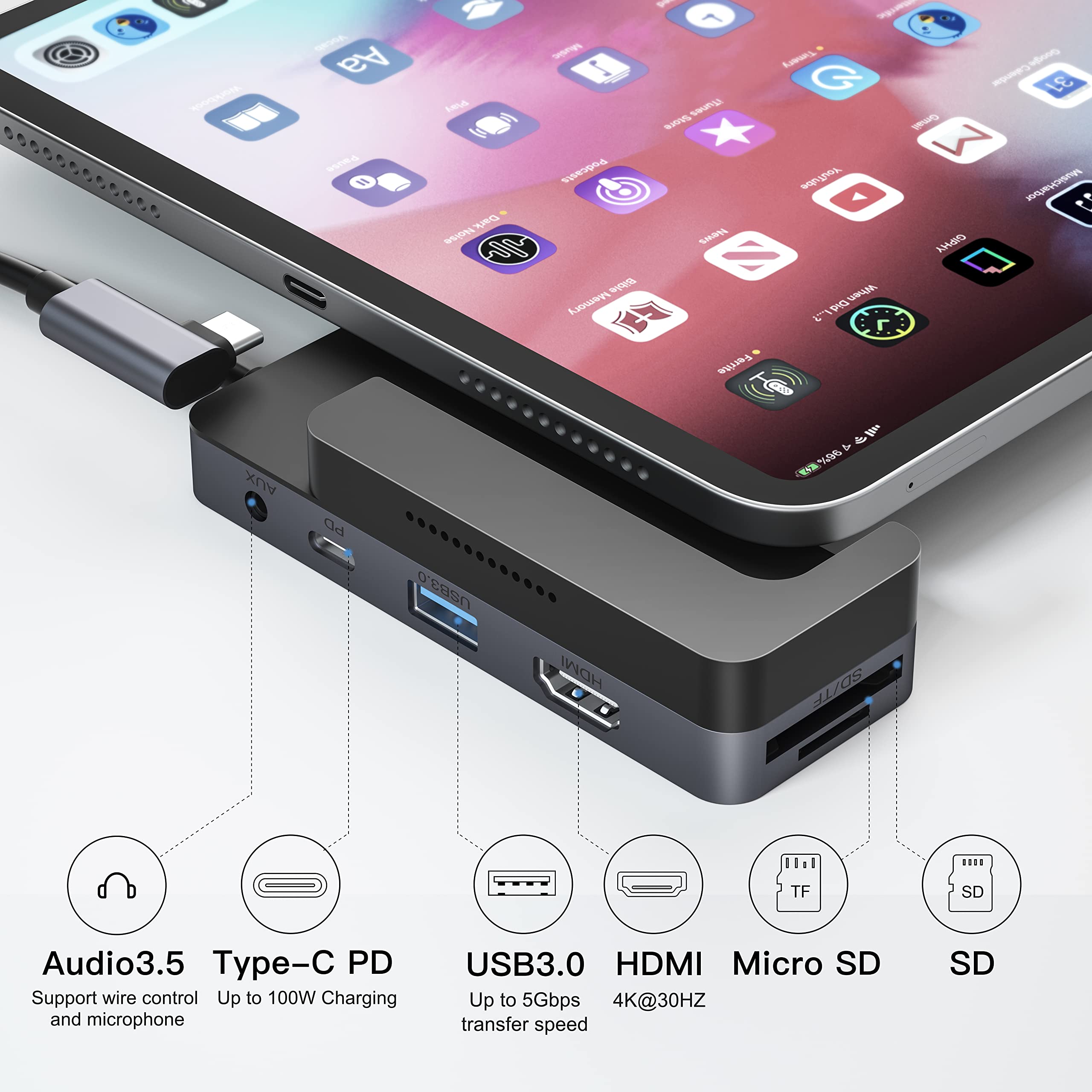 BYEASY iPad Pro USB C Hub for iPad Pro 2021 2020 2019 2018 12.9/11 inch with Docking Stations with 4K HDMI, USB 3.0, PD 100W Charging, SD/Micro Card Reader and 3.5mm Headphone Jack (6 in 1)