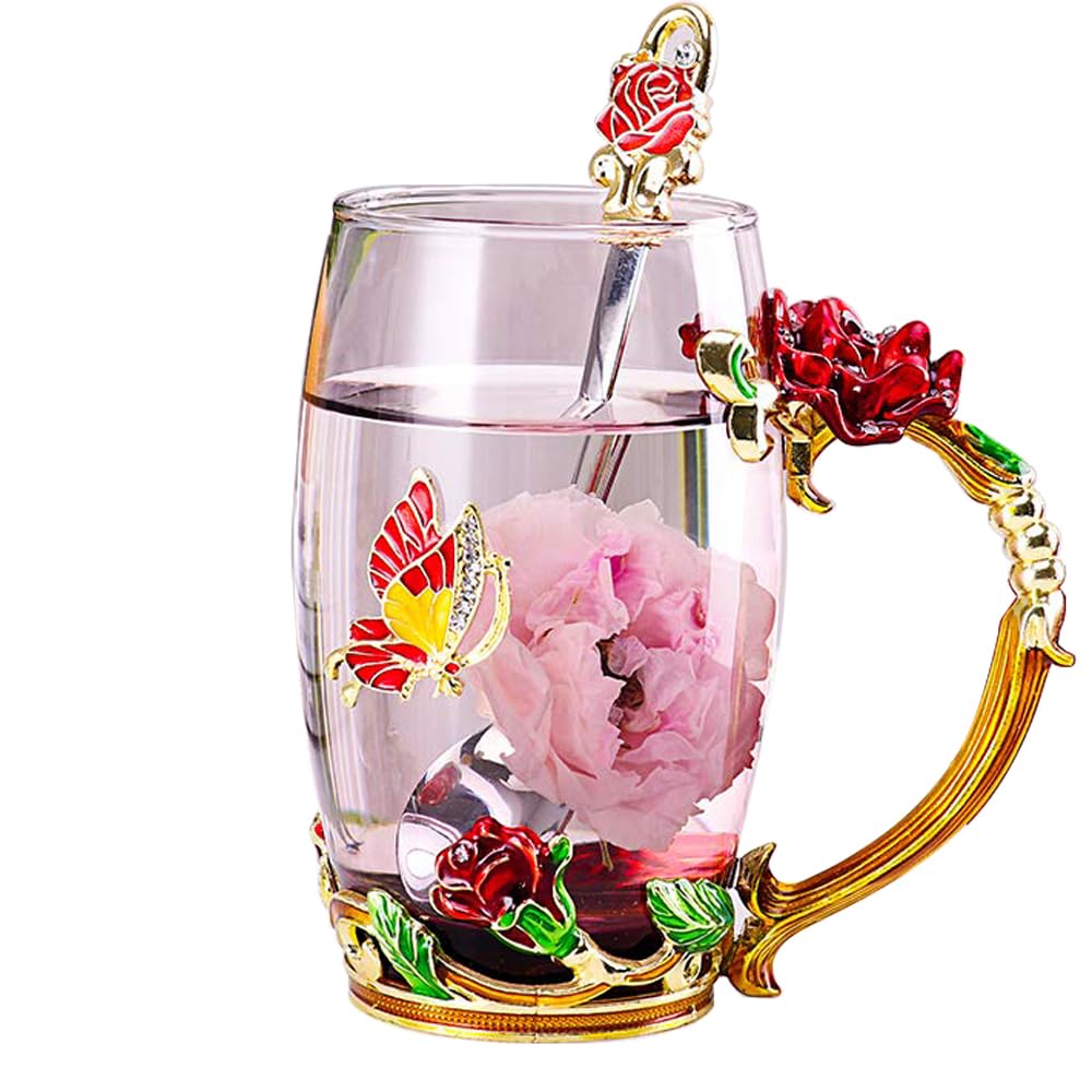 DasyFly Birthday Gifts For Women,Enamel Butterfly Flower Glass Tea Cup Rose Red Coffee Mug,Cute Gifts For Women Mom Wife Grandma Female Friend on Anniversary Christmas Valentines Mothers day