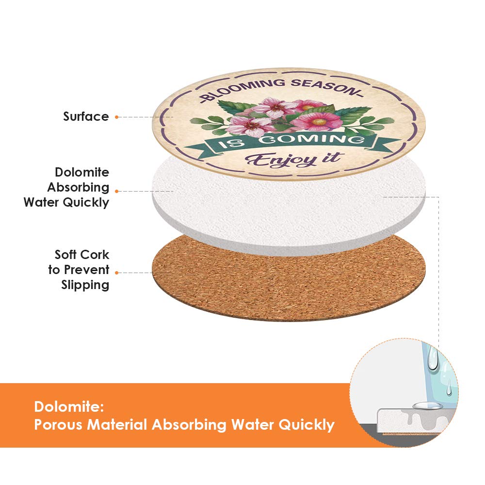 Coaster for Drinks 6Pcs Animal Ceramic Absorbent Drink Coasters with Holder, 4 Inch Vibrant Flora Stone Coaster with Cork Base for Home, Office, Restaurant-Coffee Table, Desk, Kitchen Decor (Flo-03)