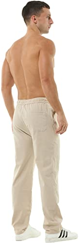 HOEREV Men Casual Beach Trousers Linen Summer Pants, Beige, Large