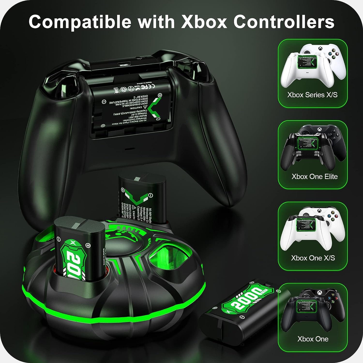 Charger for Xbox One Controller Battery Pack with 4 x 2000mAh USB Rechargeable Xbox One Battery Charger Station for Xbox Series X|S, Xbox One S/One X/One Elite Controllers-Accessories Kit for Xbox One