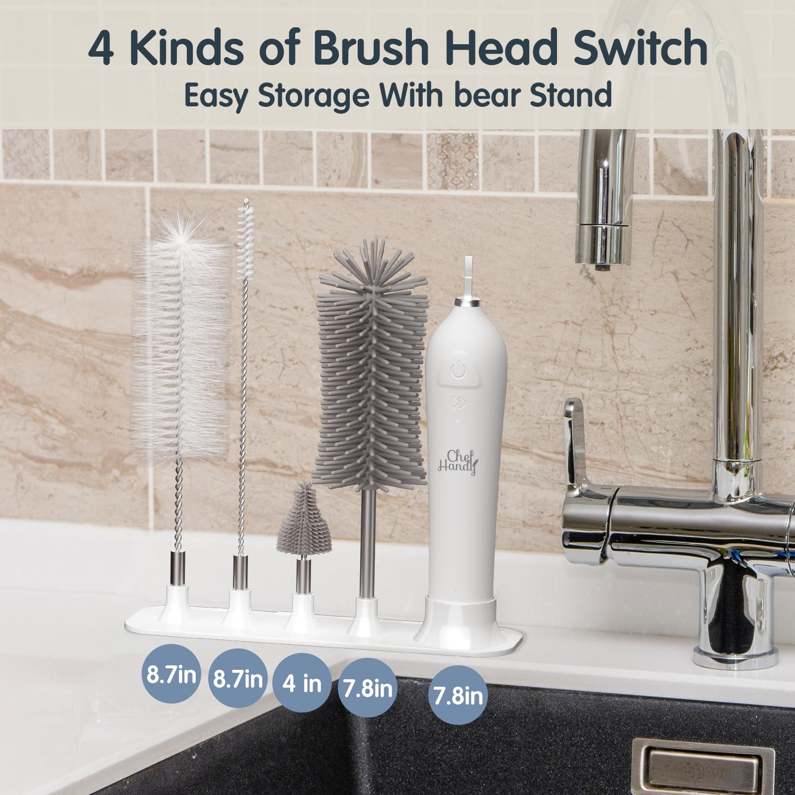 Chefhandy Baby Bottle Brush-Electric Cleaner Set with 4 Brush Heads, Silicone Nipple Brush with Storage Rack,USB Rechargeable and 3 Adjustable Speeds