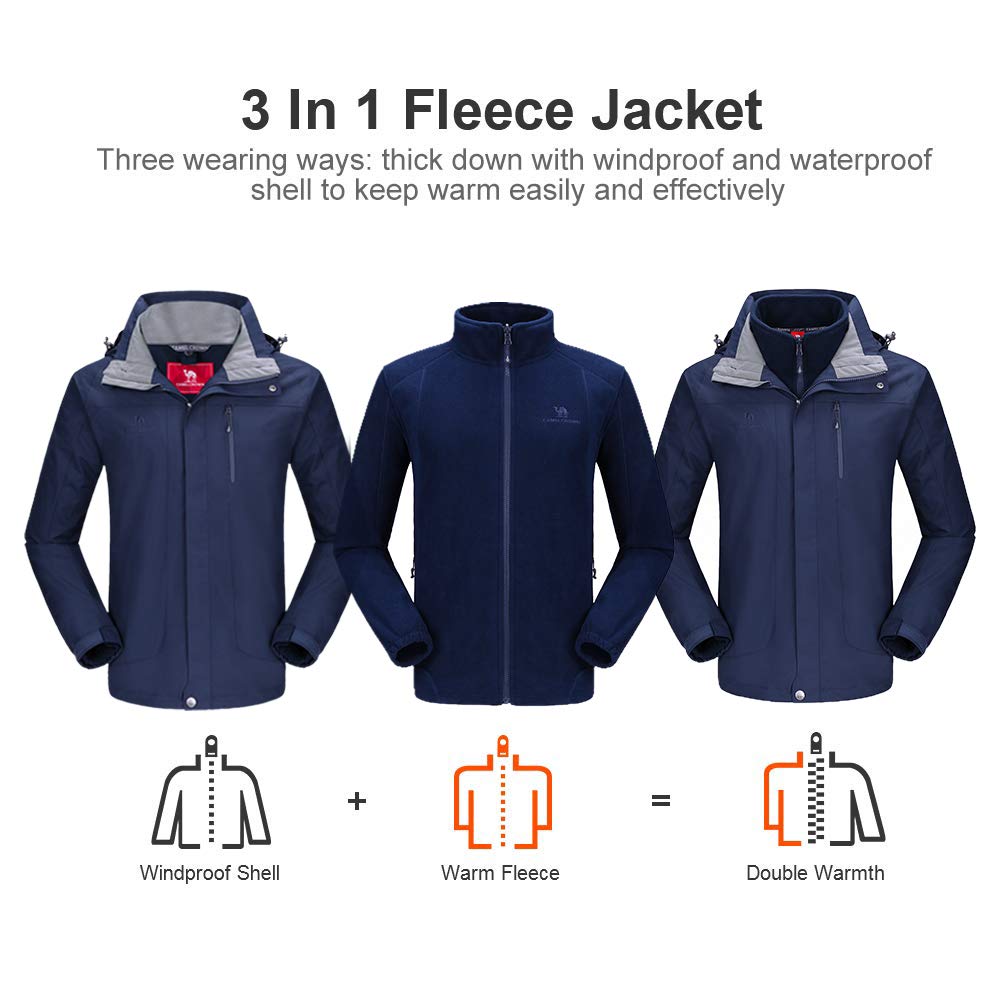 CAMEL CROWN Men’s Ski Jacket 3 in 1 Waterproof Winter Jacket Snow Jacket Windproof Hooded with Inner Warm Fleece Coat