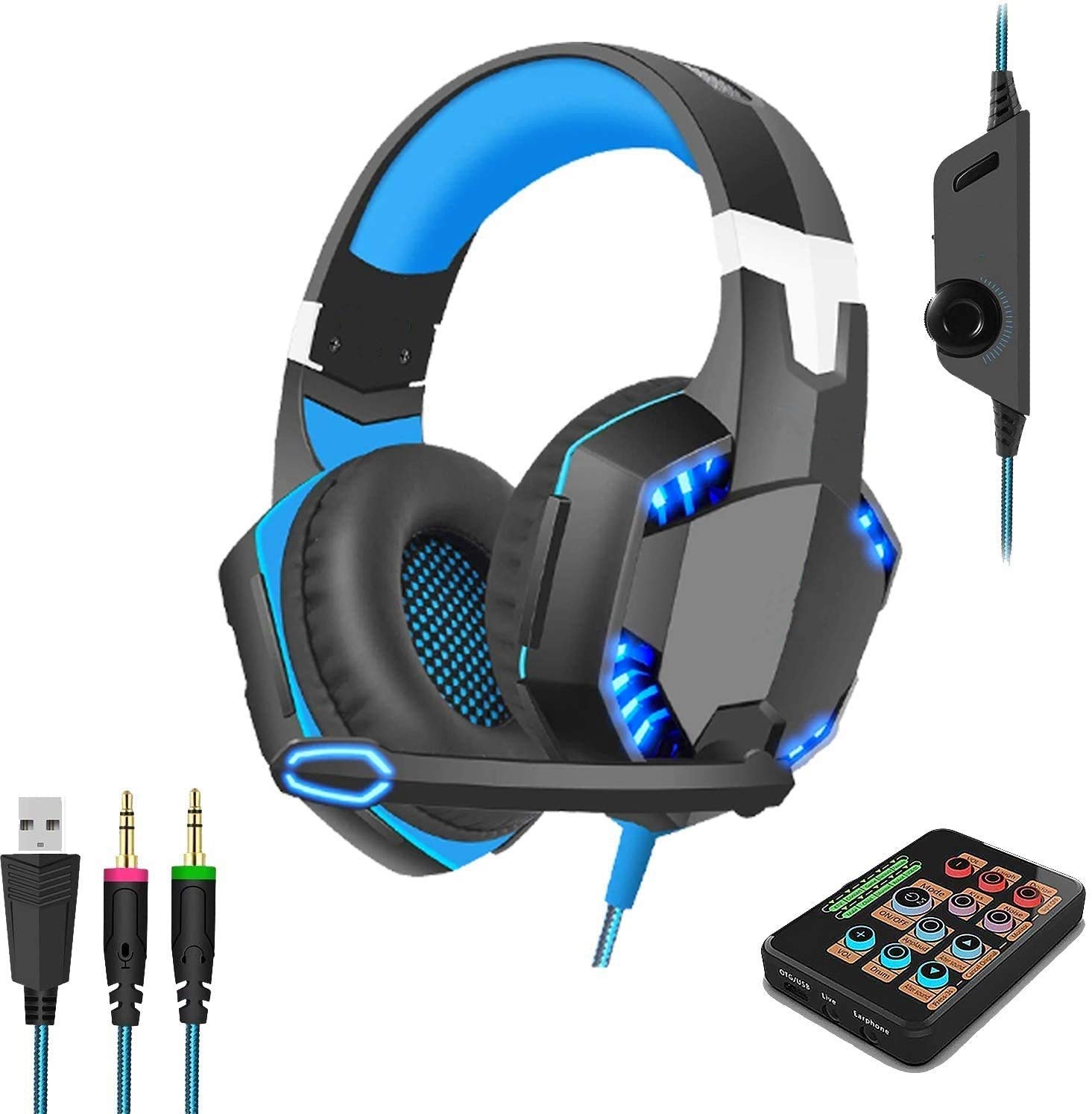 KOKITEA Voice Changer Gaming Headset for Phone/PS4/Xbox/Switch/IPad/Computer/Kids, Over-Ear Headphones with Volume Control LED Light Cool Style Stereo for PS4,PC,Xbox One (blue)
