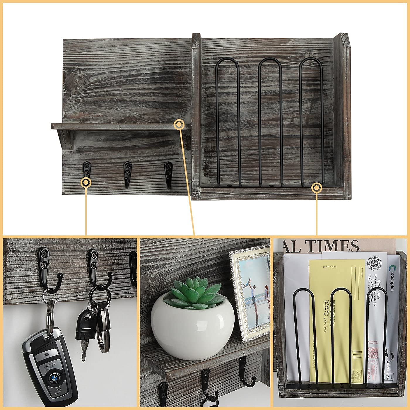 J JACKCUBE DESIGN Wall Mounted Rustic Wood Key & Mail Sorter Organizer with 3 Key Hooks and Shelf - for Entryway or Mud Room β Holds Documents, Bills, Letters, Keys and More- MK232A