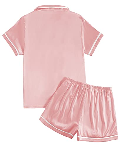 LYANER Women's Satin Silky Short Sleeve Button Shirt Sleepwear 2Piece Pajama Set Coral Pink Small