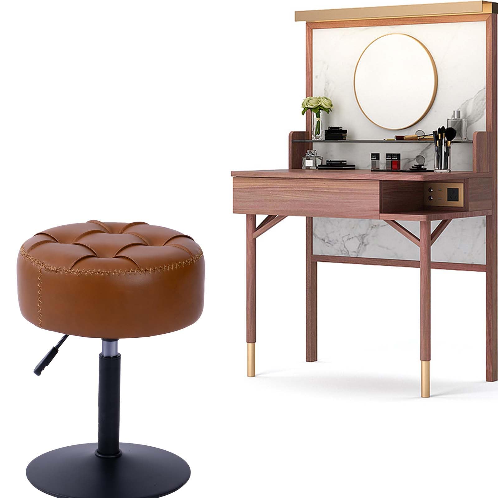 Durfii Adjustable 360° Swivel Vanity Stool with Faux Leather for Makeup Room, Bathroom, Living Room and Ottoman