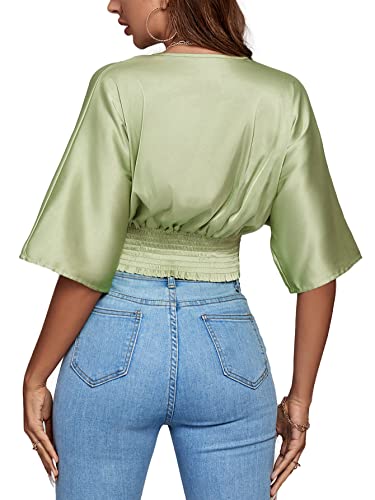 LYANER Women's Satin Deep V Neck Ruched Blouse Shirred Back Batwing Short Sleeve Crop Top Light Green X-Large