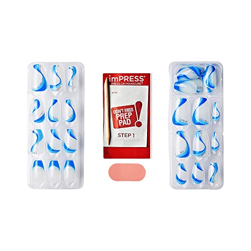 KISS imPRESS Press-On Manicure Fake Nails, Medium Coffin, Mesmerize, Blue, Comfortable, Super Hold Adhesive, No Glue/Polish, Chip Proof, No Dry Time, Smudge Proof, Waterproof | 30 Count