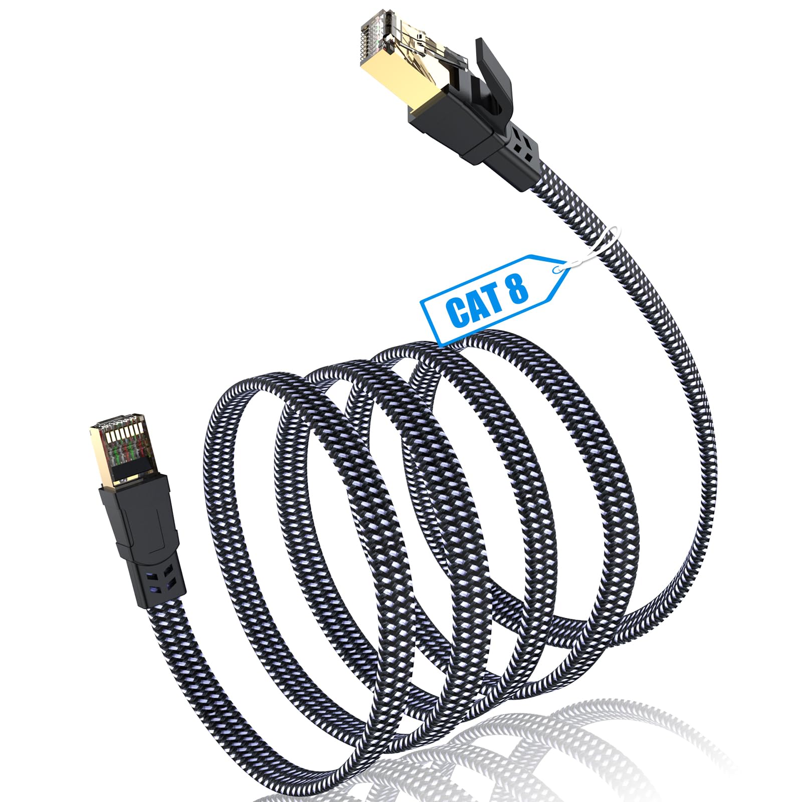 Cat 8 Ethernet Cable 10ft,Nylon Braided High Speed Heavy Duty 40Gbps 2000Mhz Flat Network LAN Patch Cord SFTP RJ45 Internet Cable Shielded in Wall, Indoor&Outdoor for Router,Modem,Gaming,PS5,Switch