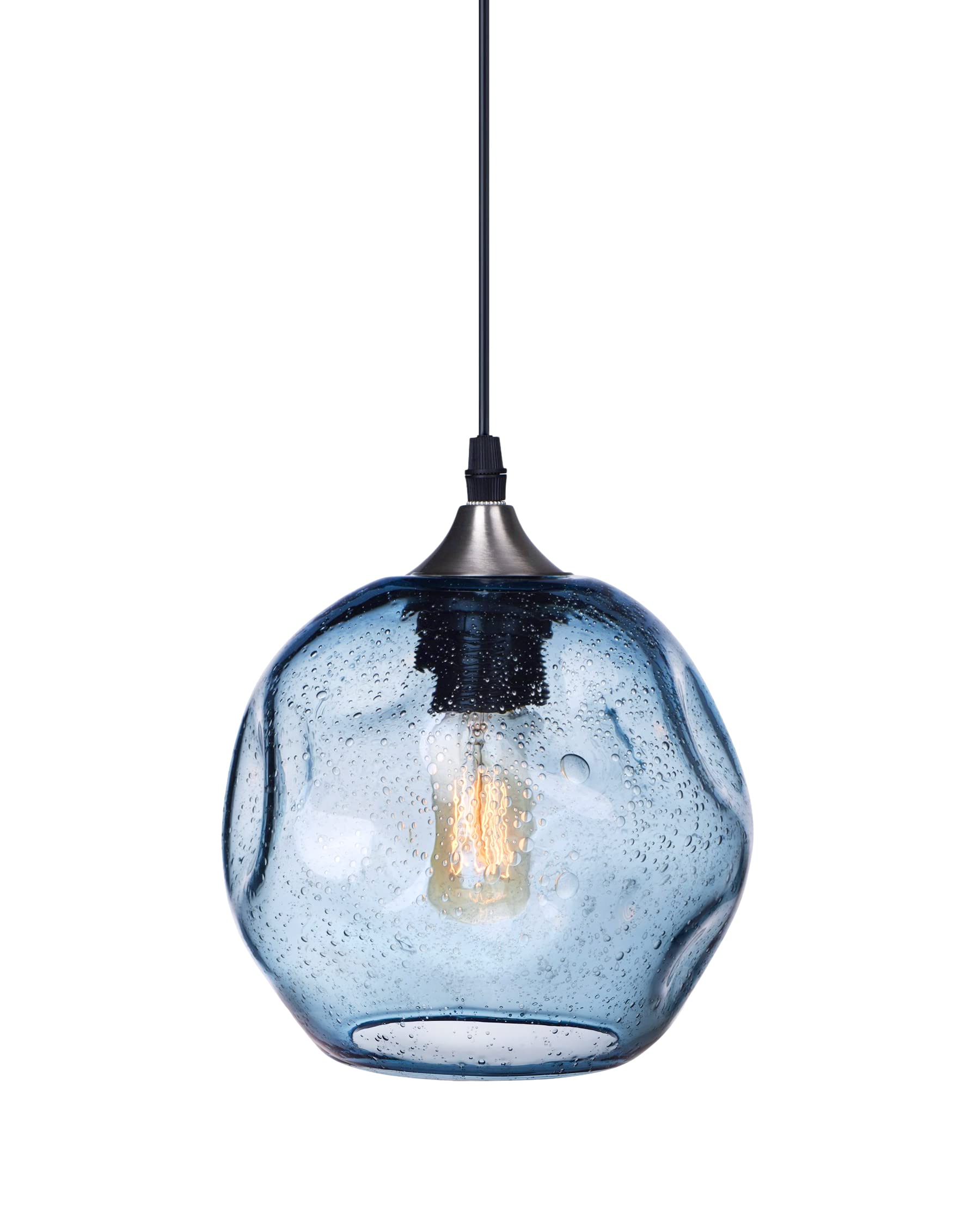 CASAMOTION Glass Pendant Lights Modern Blue Seeded Bubbles Kitchen Lighting Over Island Organic Globe Ceiling Hanging Fixture Dining Room Table Sink Hallway Entryway 7" Inch Diam