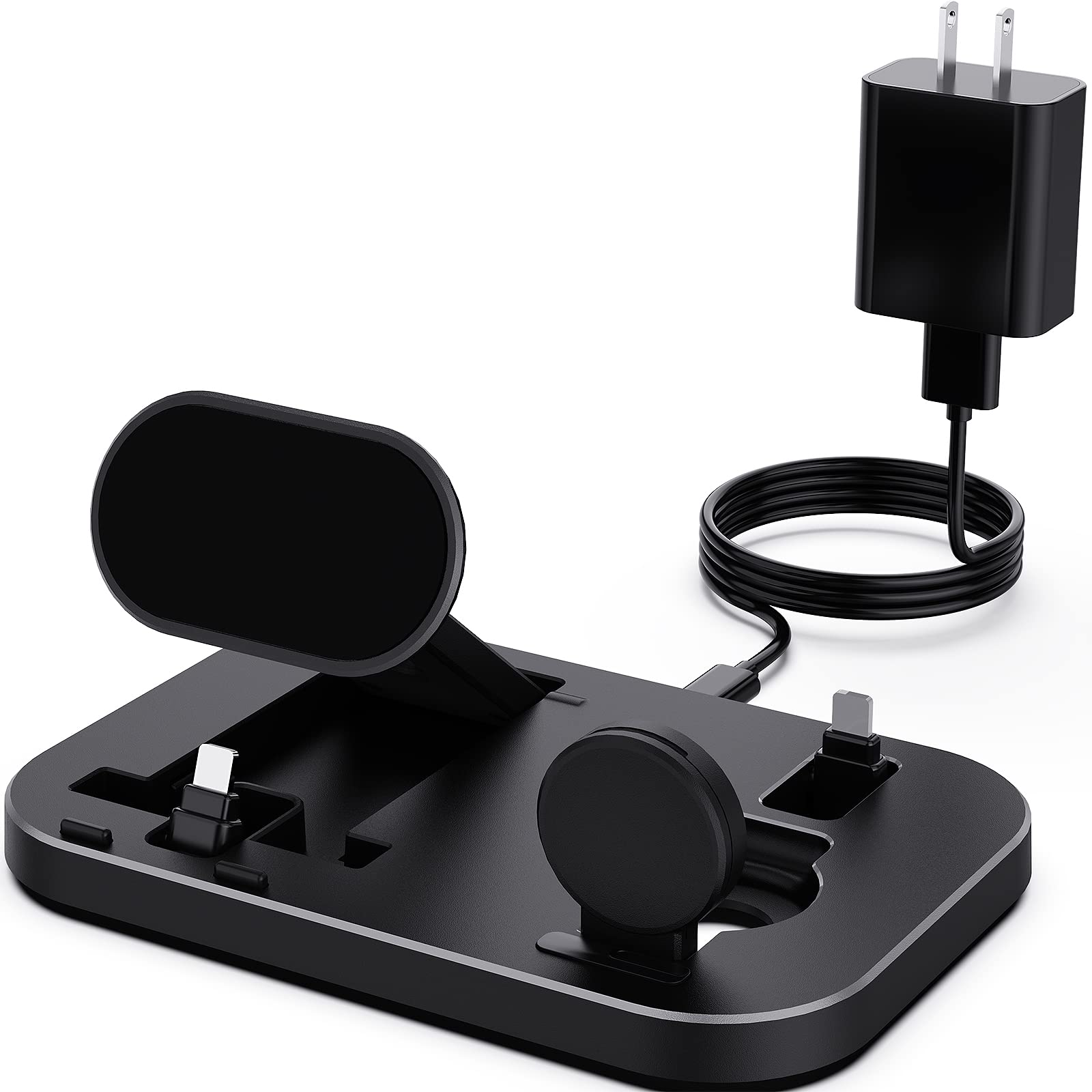 Charging Station for Multiple Devices Apple, 3 in 1 Charging Dock for iPhone/AirPods Series, Portable Charging Stand for iWatch Series 8/Ultra/7/6/5/4/3/2/1/SE(with 15W Adapter and Cable) Black