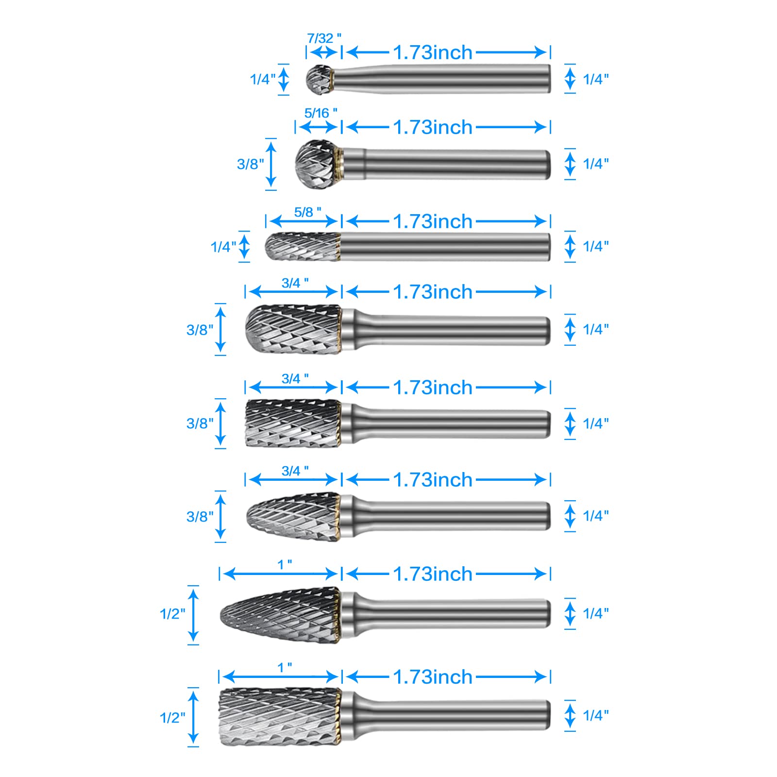 Carbide Burr Set, 1/4" Shank Die Grinder Bits, Tungsten Rotary Tool Bits Double Cut Rasp Files for Metal Weld Wood Stone Concrete Grinding Deburring Trimming Polishing Cutting, 8-pc in Sturdy Case