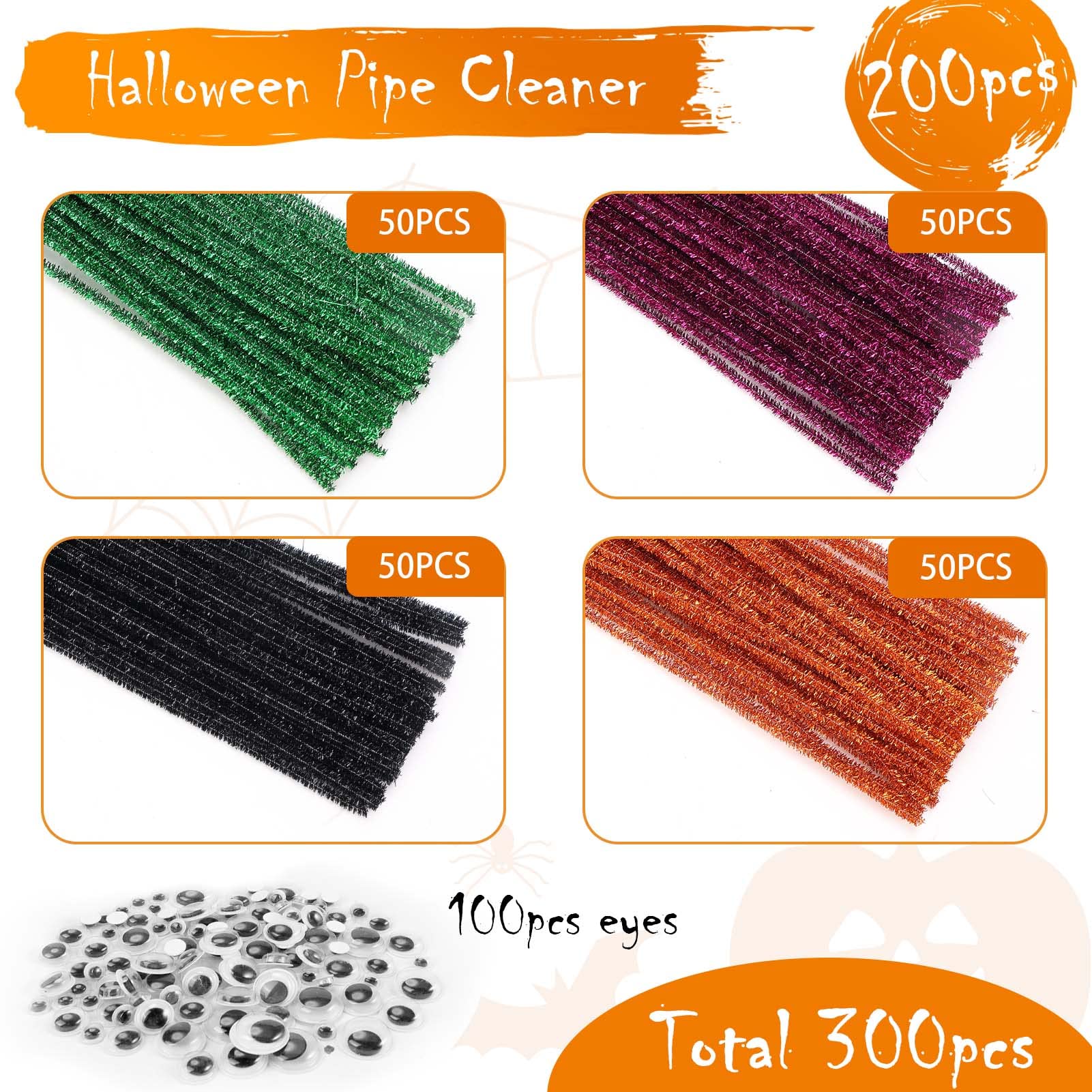 Caydo 200Pcs Halloween Pipe Cleaners with 100Pcs Wiggle Eyes for Kids, Glitter Chenille Stems for Halloween Art & Craft Projects DIY Creative Crafting (6 mm x 12 Inch)