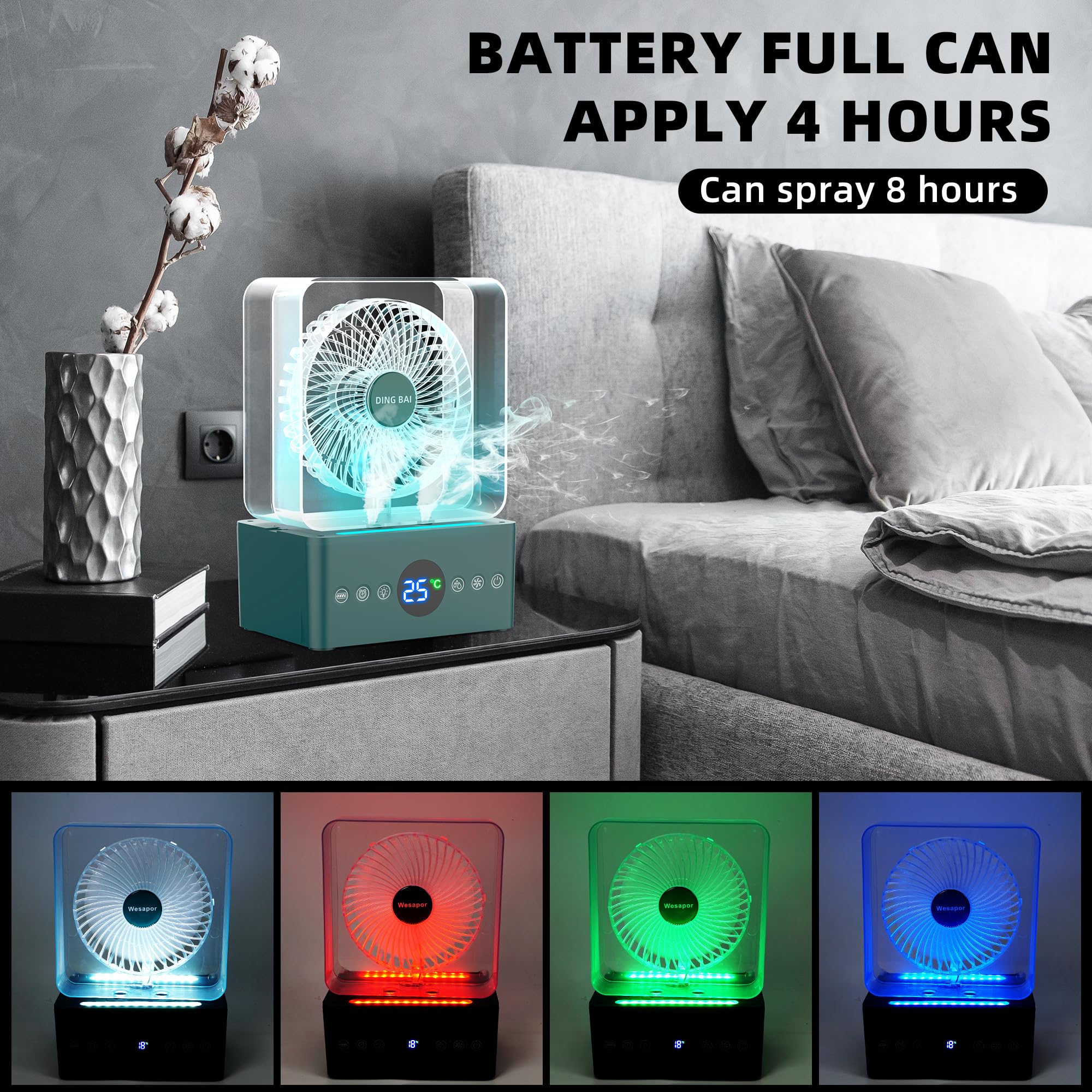 DINGBAI Portable Air Conditioner, Cooling Fan, Portable Air Conditioning Fan, Humidifying Fan, Built-in Battery, Timer, Thermometer, Water Level Monitor, Light Display, Battery Level Display.