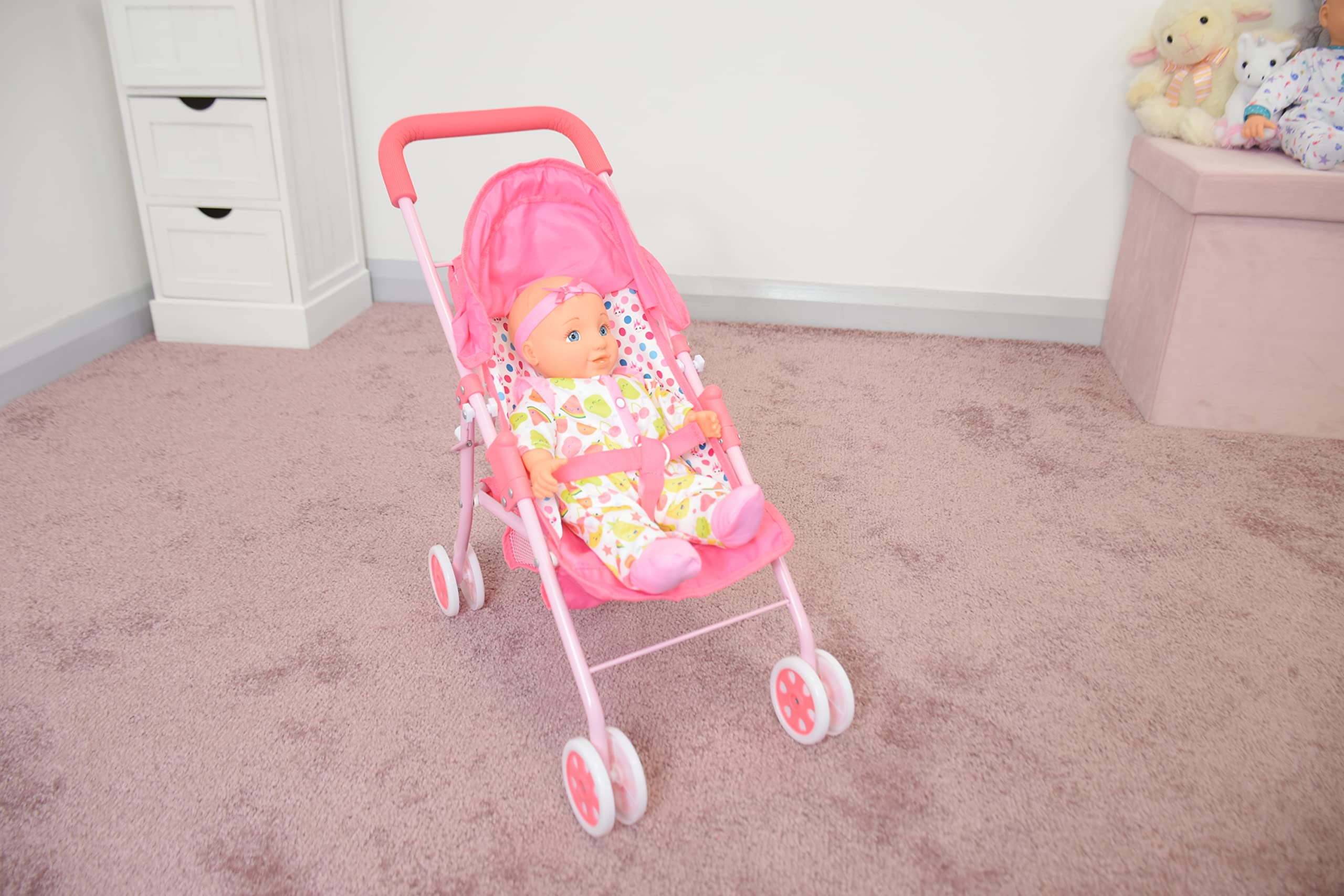 KOOKAMUNGA KIDS Baby Doll Stroller | Easy Fold Pram | with Retractable Canopy, Storage Basket, Doll Safety Harness and Comfort Grip Handlebar (Pink Unicorn)