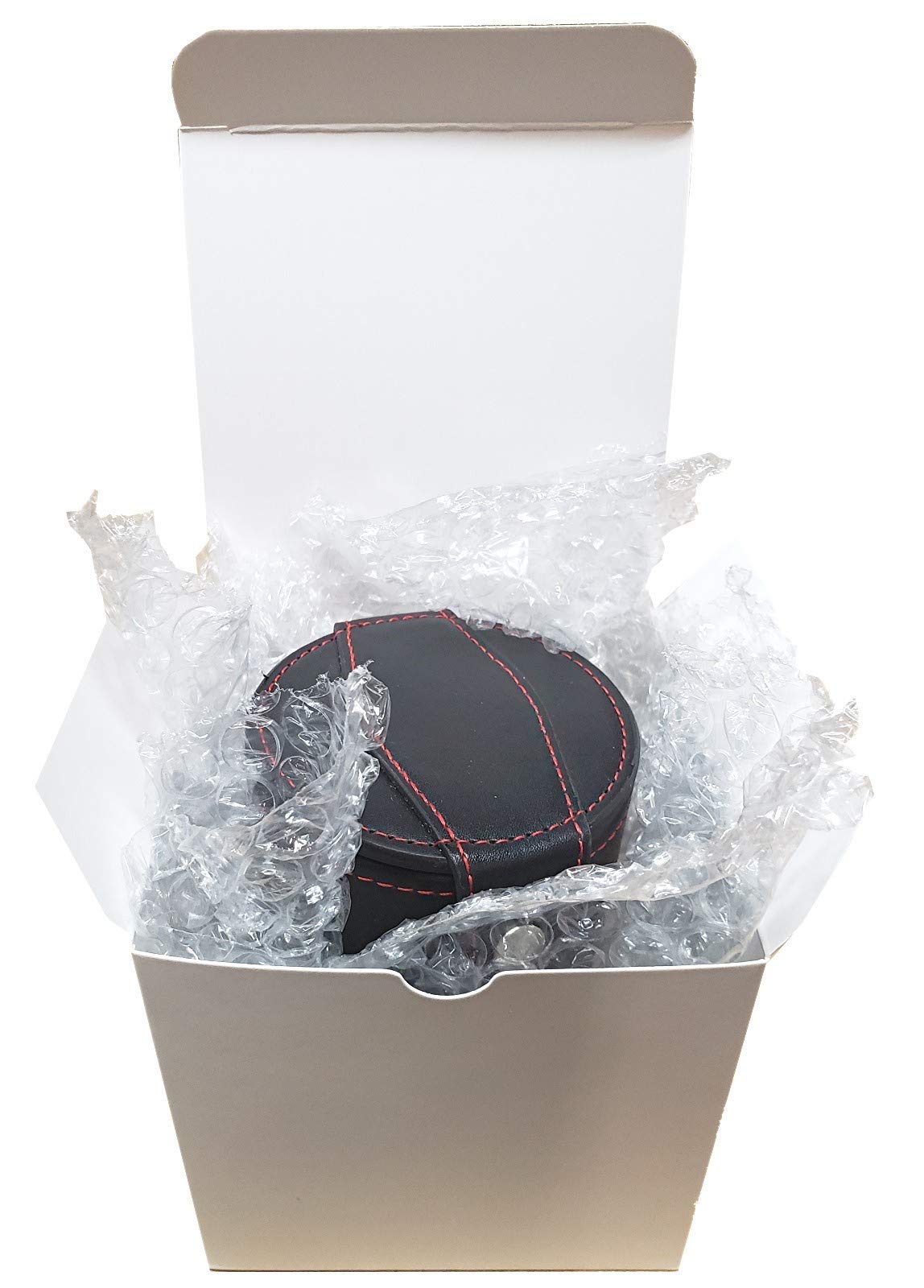 Set of Dice Cup with Storage Compartment Black PU Leather Red Felt Lined + (5) 16mm Tranparent Dice (Gift Boxed) (Smoke/Red)