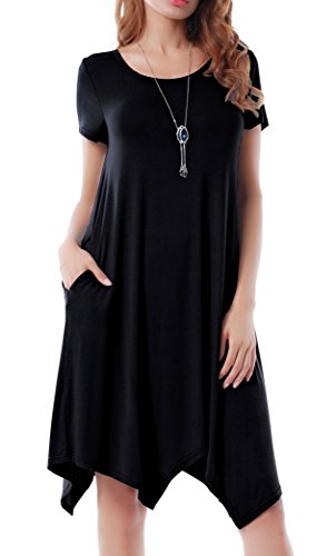 Invug Women Casual Loose Soft Crewneck Short Sleeve Pockets Swing T-Shirt Zigzag Hem Dress Black L