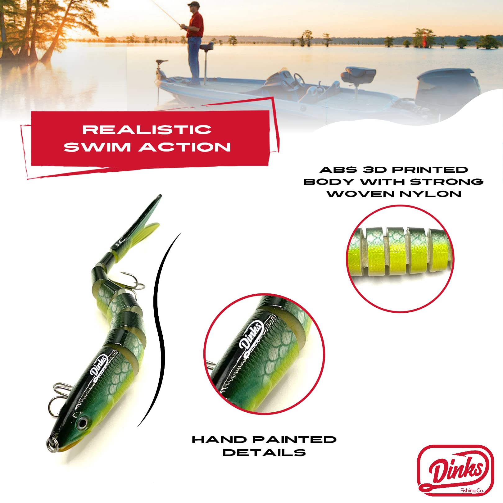 Dinks Segmented Fishing Lure with Lifelike Action, Freshwater and Saltwater 3D Jointed Fish Bait for Largemouth Bass, Pike, Salmon, and Walleye