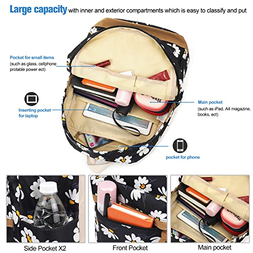 Flowers Backpack Kids School Bag 3-in-1 Bookbag Set, Junlion Laptop Backpack Lunch Bag Pencil Case Gift for Teen Girls Womens Daisy Black