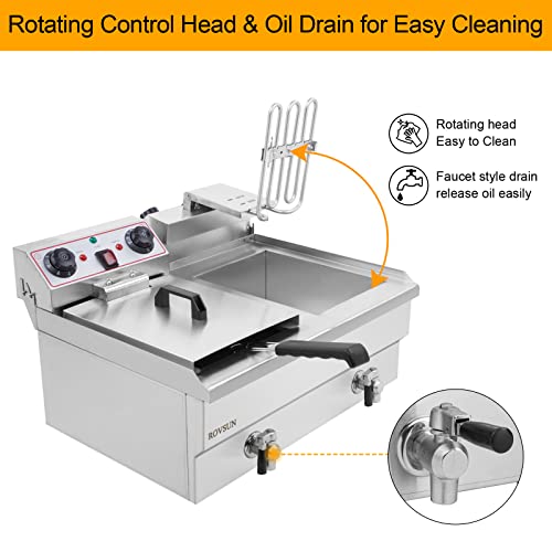 ROVSUN 24.9QT/ 23.6L Electric Deep Fryer w/Frying Baskets Timer Drains & Lids, Dual Tank Kitchen Countertop Commercial Frying Machine, Adjustable Temperature, 3400W 110V 60HZ