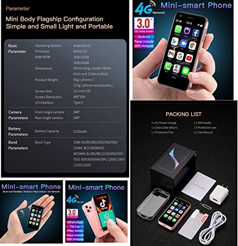 Global Version Soyes XS12 Mini 4G Smartphone 3.0 Inch Dual Sim Ultra Thin Unlocked Card Mobile Phone WiFi Bluetooth Hotspot Student Pocket Cellphone (Black 64GB)