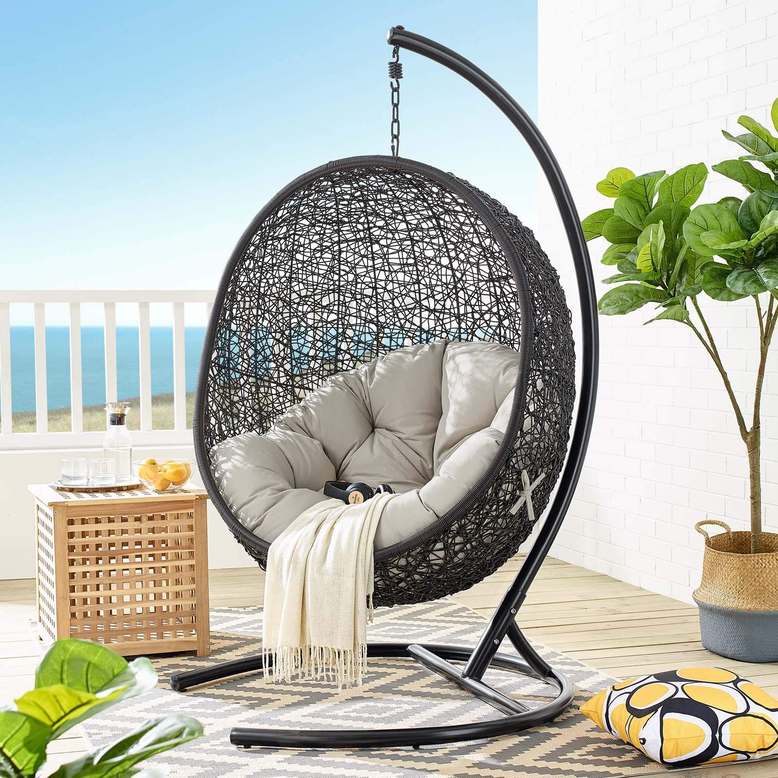 Modway EEI-739-BEI-SET Encase Wicker Rattan Outdoor Patio Porch Lounge Egg, Swing Chair with Stand, Beige