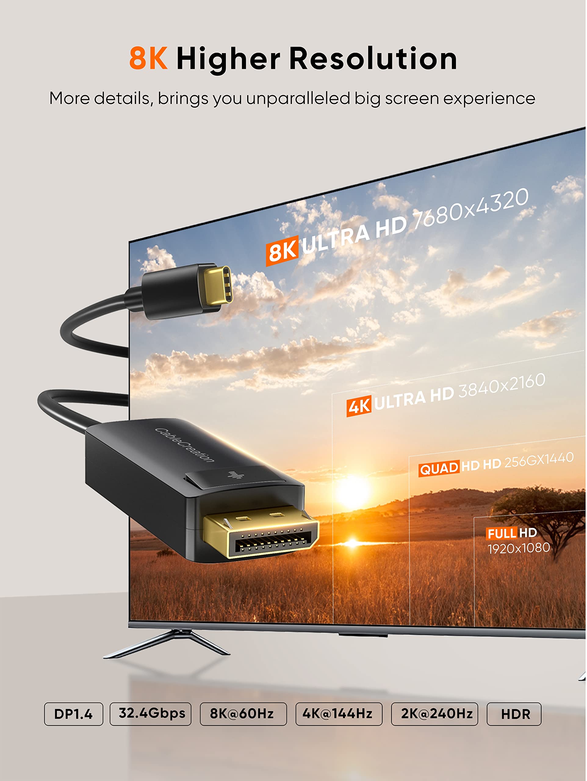 CableCreation 8K USB C to DisplayPort 1.4 Cable 6FT (8K@60Hz, 4K@144Hz, 2K@240Hz, HDR), Type-C (Thunderbolt 3/4) to DP Cable 32.4Gbps Compatible for Oculus Rift S, MacBook Pro/Air, iPad Pro