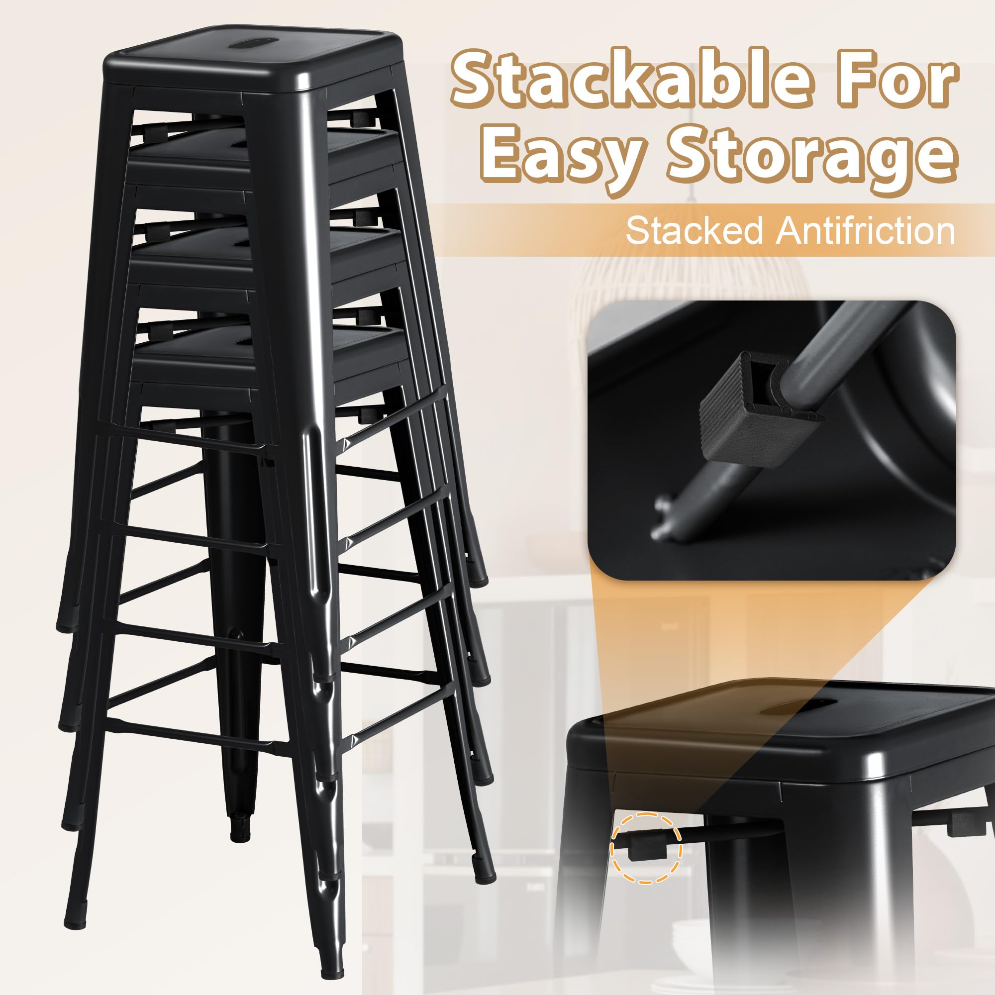 Furmax 30 Inches Metal Bar Stools Bar Height High Backless Stools Indoor Outdoor Stackable Kitchen Stools Set of 4 (Dark Black)