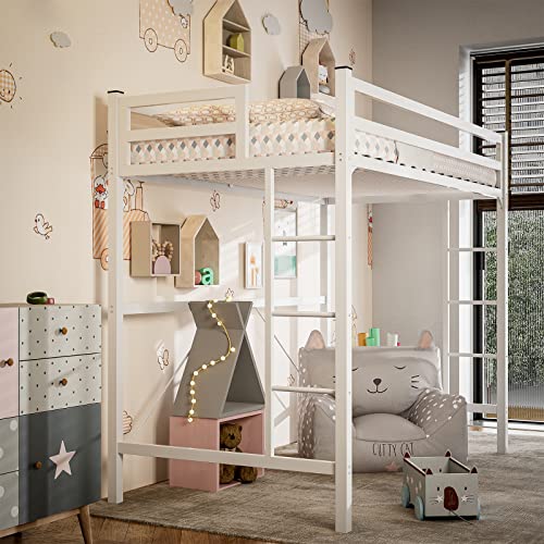 IKIFLY Junior Metal Twin Loft Bed Frame/Two Build-in Ladders & Safety Guard Rail - for Adults/Teens - Easy Assembly, Space-Saving Design - White