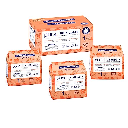Pura Size 1 Eco-Friendly Diapers (4-11lbs) Hypoallergenic, Soft Organic Cotton Comfort, Sustainable, Wetness Indicator Allergy UK, Recyclable Paper Packaging. 3 Packs of 32 (96 Baby Diapers)