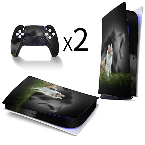 Cat with Angry Lion Full Protective Skin Cover Design Wrap Decal Sticker Compatible with PS5 Digital Edition Console and Controller