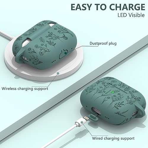 Flower Engraved Case for Apple AirPods Pro 2 Gen,Soft Silicone Protective Case Cover for AirPods Pro 2nd/1st Generation AirPod Case with Clean Kit Carabiner,Lanyard,Front LED Visible,Pine Green