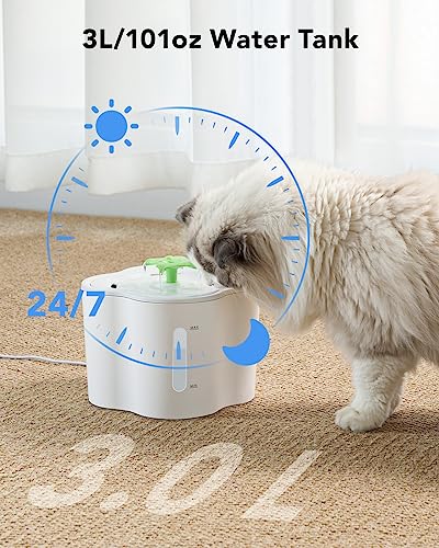 HICC PULE Cat Water Fountain, 101oz/3L Ultra Quiet Automatic Pet Water Fountain with Water Level Window, BPA-Free Dog Water Dispenser with with Two Flow Modes, Multi-Filtration